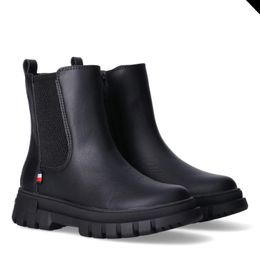 Tommy Hilfiger M&auml;dchen Chelseaboots, Gr. 37, schwarz, Lederimitat, Textil, Schuhe, Herbstboots, Stiefelette mit Stretcheinsatz an der Au&szlig;enseite