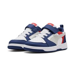 Puma M&auml;dchen Sneaker "REBOUND V6 LO AC+ PS", Gr. 30, blau, Synthetik, mehrfarbig, Schuhe, kn&ouml;chelhoher Schnitt, mit Klettverschluss, mit