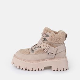 Buffalo Damen Winterboots, Gr. 38, beige, Nubuklederimitat, Textil, Schuhe, Plateauboots, trendy Stiefelette, Schn&uuml;rboots mit Fellimitat