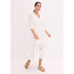 bonprix Midikleid aus reiner Baumwolle mit Lochstickerei, wei&szlig;, Gr.44, mit V-Ausschnitt und Lochstickerei, aus 100% Baumwolle