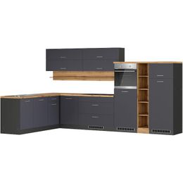 KOCHSTATION Winkelk&uuml;che &raquo;KS-Milan, optional mit Muldenl&uuml;fter&laquo; Stellbr.360/220 cm, wahlweise mit E-Ger&auml;ten, Kochfeld mit Dunstabzug grau B/H/T: 360cm x