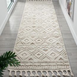 OTTO home Teppich &raquo;Bonvo&laquo; rechteckig 19 mm H&ouml;he mit Fransen, Hoch-Tief-Struktur, Wohnzimmer, Schlafzimmer, Boho-Style beige Kunstfaser B : 80cm 1 Stk.