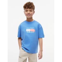 Tommy Hilfiger Jungen T-Shirt, blau, Gr. 86, unifarben, Single Jersey, Obermaterial: 100% Baumwolle, Shirts, f&uuml;r Kinder bis 16 Jahre, Graffiti-Druck,