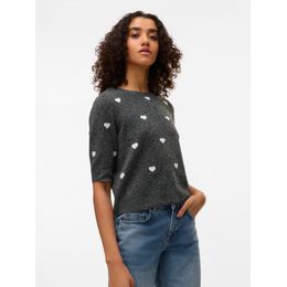 V&eacute;ro Moda VERO MODA Damen Kurzarmpullover "VMDOFFY INTARSIA 2/4 O-NK PULLOV GA NOOS"dunkelgrau melange detail:with wei&szlig; hearts, Gr. XS, gemustert, Strick,