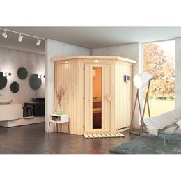 Karibu Sauna &raquo;&raquo;Liyah&laquo; mit Energiespart&uuml;r Kranz naturbelassen&laquo; in verschiedenen Ausf&uuml;hrungen erh&auml;ltlich beige Bio-Kombiofen, externe Steuerung, (ohne Ofen)