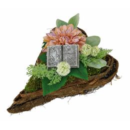 OTTO home Kunstblume &raquo;Gesteck mit Dahlie und Allium im Pflanz-Herz&laquo; Dekoratives Herzgesteck mit Buchfigur und Bl&uuml;tenarrangement bunt B/H/L: 36cm x 