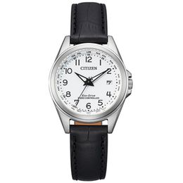 Citizen Damen Funkuhr Armbanduhr, Damenuhr, Solar, Lederarmband, Saphirglas, Datum schwarz Einheitsgr&ouml;&szlig;e