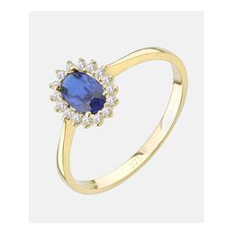 Vanlere Cluster-Ring aus 375 Gelbgold mit Zirkonia mit Saphir | Gr.: 50