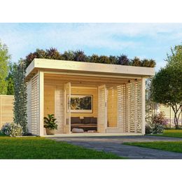 Karibu Gartenhaus &raquo;Lettinsee&laquo; 38mm, inkl. Dachbegr&uuml;nung mit wasserabweisender Profilierung beige Holzwerkstoff Fu&szlig;boden im Gartenhaus, Dachfolie