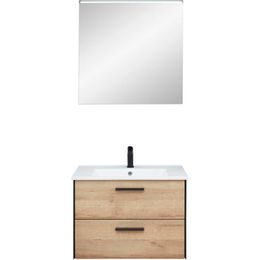 Badm&ouml;bel-Set &raquo;Quickset 395 2-teilig, Keramik-Waschtisch mit LED-Spiegel, 75 cm breit&laquo; 2 Stk. tlg. braun Riviera Eiche quer Nachbildungmit schwarzem L-