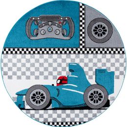 Ayyildiz Teppiche Kinderteppich &raquo;Kids 460, auch in rund erh&auml;ltlich&laquo; rund 12 mm H&ouml;he Kurzflor, Motiv Rennwagen, Auto, Spielteppich blau Kunstfaser &Oslash; 120cm 1 Stk., 12mm, 