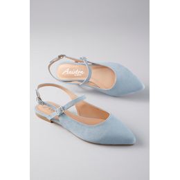 ANISTON SHOES Damen Slingpumps, Gr. 37, blau, Textil, Veloursleder, Schuhe, Flat, Sommerschuh, Riemchensandale - schmale Form