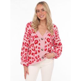 Zwillingsherz Damen Strickjacke &raquo;"Big Leo"&laquo; One Size, Animal-Muster, Langarm, Kn&ouml;pfe, tiefer V-Ausschnitt rot Einheitsgr&ouml;&szlig;e