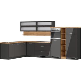 Winkelk&uuml;che KOCHSTATION, B:360cm H:166cm T:60cm, grau, Komplettk&uuml;chen-Sets, "KS-Milan, optional mit Muldenl&uuml;fter", Stellbr.360/220 cm, wahlweise mit