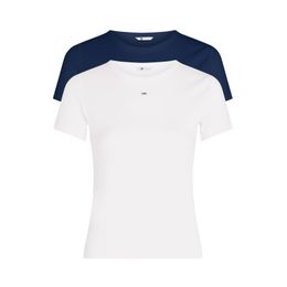 Tommy Jeans Damen Kurzarmshirt "TJW 2PACK SLIM ESSENTIAL RIB SS", blau, Gr. XL, gestreift, Feinripp, Obermaterial: 95% Baumwolle, 5% Elasthan,