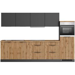 K&uuml;chenzeile KOCHSTATION, B:300cm H:200cm T:60cm, grau, Komplettk&uuml;chen-Sets, "KS-Lagos2, K&uuml;che Komplettset, Breite 300cm", wahlweise mit E-Ger&auml;ten,