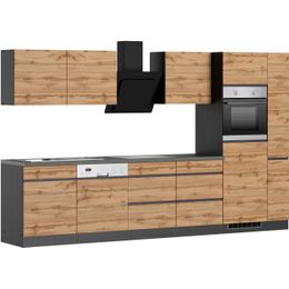 K&uuml;chenzeile KOCHSTATION, B:330cm H:200cm T:60cm, braun, Komplettk&uuml;chen-Sets, "KS-Riesa", Stellbreite 330 cm, wahlweise mit Induktionskochfeld