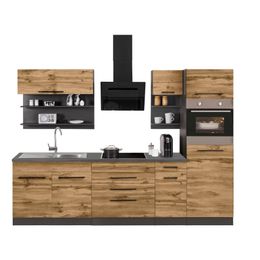K&uuml;chenzeile KOCHSTATION, B:290cm T:60cm, braun, Komplettk&uuml;chen-Sets, "KS-Tulsa", mit E-Ger&auml;ten, Breite 290 cm, schwarze Metallgriffe, MDF Fronten