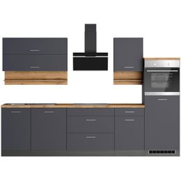 K&uuml;chenzeile KOCHSTATION, B:300cm H:200cm T:60cm, grau, Komplettk&uuml;chen-Sets, "KS-Milan", 300 cm breit, robuste Metallausz&uuml;ge, viel Stauraum