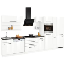 K&uuml;chenzeile KOCHSTATION, B:380cm T:60cm, wei&szlig;, Komplettk&uuml;chen-Sets, "KS-Tulsa", mit E-Ger&auml;ten, Breite 380 cm, schwarze Metallgriffe, MDF Fronten