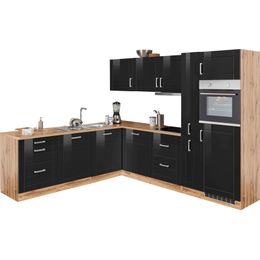 Winkelk&uuml;che KOCHSTATION, B:240cm T:270cmk&uuml;che: schwarz, korpus: wotaneichefarben, arbeitsplatte: wotaneichefarben, Komplettk&uuml;chen-Sets, "KS-Tinnum",