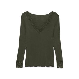 V&eacute;ro Moda VERO MODA Damen Langarmshirt "VMSKYE LS V-NECK LACE TOP JRS NOOS", gr&uuml;n, Gr. L, unifarben, Jersey, Obermaterial: 86% Modal, 8% Elasthan, 6% Wolle,
