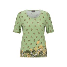 GOLDNER Damen Kurzarmshirt "Kurzgr&ouml;&szlig;e Viskoseshirt mit Bl&uuml;ten- und Bl&auml;tter-Print", gr&uuml;n, Modisch, Gr. 22, Obermaterial: 95% Viskose CV. 5% Elasthan