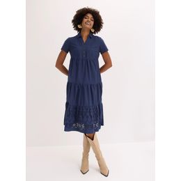 bonprix Damen Tunikakleid, blau, Gr. 36, Obermaterial: 100% Baumwolle, Kleider, lockere Tunika-Form, mit Lochstickerei, Kurzarm-Design, aus Baumwolle