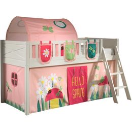 Hochbett &raquo;Scott&laquo; Made in Europe, mit Leiter, LF 90x200 cm, Vorhang, Tasche, Tunnel, 4 Designs wei&szlig; 100% Baumwolle Bettmit Leiter, Liegefl&auml;che B/L: 