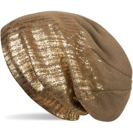 styleBREAKER Damen Strickm&uuml;tze "Feinstrick Beanie mit Metallic Print", braun, Modisch, 100% Polyacryl PAN., M&uuml;tzen