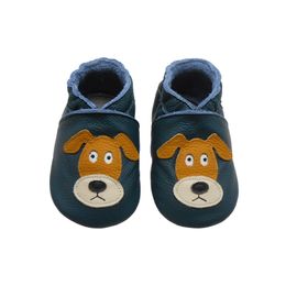 Basrakids Dunkelgr&uuml;ne Baby-Leder-Laufschuhe, mit rutschfester Sohle - mit Mops-Motiv | Gr.: 22/23