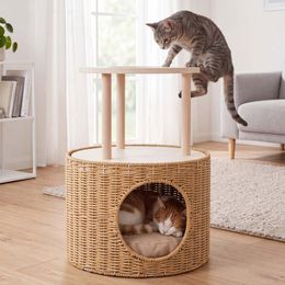 Katzenbett MCW-Q59, Katzenh&ouml;hle mit Kletterbereich Plattform Katzenkorb/-m&ouml;bel Holz MVG 50x39x39cm ~ natur, Kissen beige