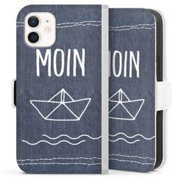 DeinDesign iPhone 12 mini Handy Klapph&uuml;lle Handyh&uuml;lle aus Kunst Leder wei&szlig; Flip Case Ship Moin Jeans Sideflip mit Lasche