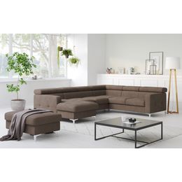Wohnlandschaft COTTA, B:304cm H:74cm T:240cm, grau, NaturLEDER, die R&uuml;ckseite ist mit schwarzem und die Liegefl&auml;che der Bettfunktion ist mit beigem