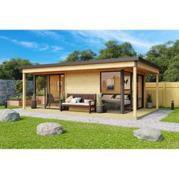Lasita Maja Gartenhaus &raquo;Domeo 3 Loggia&laquo; mit &Uuml;berdachung, Position der Zwischenwand flexibel beige Massivholz Fu&szlig;boden im Gartenhaus, ohne R&uuml;ck- und 