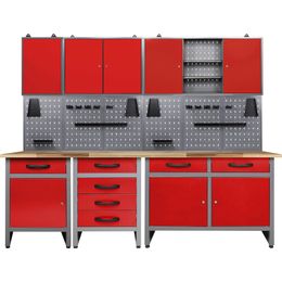 ONDIS24 Werkstatt-Set "Bastler", B:240cm H:205cm T:60cm, rot, Werkb&auml;nke, h&ouml;henverstellbar, inkl. Hakenset