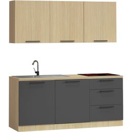 K&uuml;chenzeile KOCHSTATION, B:180cm T:60cm, grau, Komplettk&uuml;chen-Sets, "Luna, K&uuml;chenzeile mit Sp&uuml;le + Siphon, ohne E-Ger&auml;te", Breite 182 cm,T&uuml;ren mit