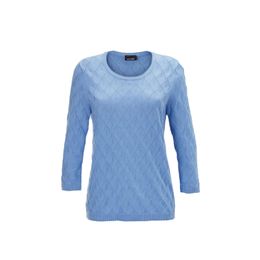 GOLDNER Damen Rundhalspullover "Kurzgr&ouml;&szlig;e Gepflegter Ajour-Pullover mit femininen Durchbr&uuml;chen", blau, Gr. 21, Obermaterial: 55% Baumwolle CO. 45%