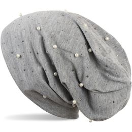 styleBREAKER Damen Beanie "Beanie mit Perlen und Strass Nieten", grau, Modisch, Obermaterial: 100% Viskose CV., M&uuml;tzen