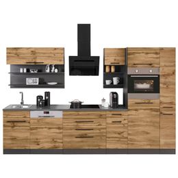 K&uuml;chenzeile KOCHSTATION, B:320cm T:60cm, braun, Komplettk&uuml;chen-Sets, "KS-Tulsa", mit E-Ger&auml;ten, Breite 320 cm, schwarze Metallgriffe, MDF Fronten