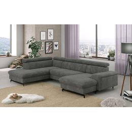 Wohnlandschaft COTTA, B:328cm H:97cm T:215cm, grau, Sofas, "Emma U-Form, B: 328 cm", mit Kopfteilverstellung, optional Schlaffunktion & Bettkasten