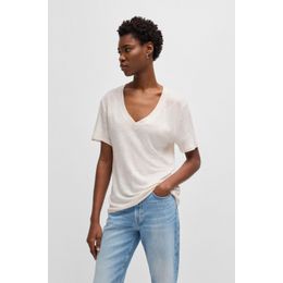 BOSS Orange Damen T-Shirt "Ela Premium Damenmode", beige, Gr. L, unifarben, Single Jersey, Obermaterial: 100% Leinen, Shirts, aus Leinen, V-Ausschnitt