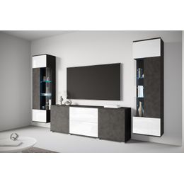 Wohnwand OTTO HOME, B:270cm H:161cm T:34cm, grau, Holzwerkstoff, Wohnzimmer, Kastenm&ouml;bel-Sets, "KENIA", Vitrinen mit Eckverglasung, h&auml;ngend und