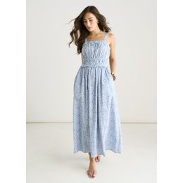 Midi-Kleid mit blauem Oberteil mit kleinen Blumenmustern und Raffungen