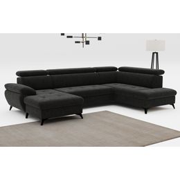 Wohnlandschaft COTTA, B:324cm H:100cm T:207cm, schwarz, Sofas, "Hudson U-Form, B: 324 cm", mit Kopfteilverstellung, optional Schlaffunktion &