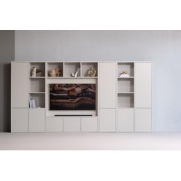 Wohnwand Woood, B:160cm H:215cm T:40cm, beige, FSC-zertifizierter Massivholz, Kastenm&ouml;bel-Sets, "Meggy FSC-Kiefernholz mit Druckmechanismus B 160 x D