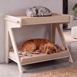 Tierbett MCW-Q63, f&uuml;r Haustiere Tierhaus Katzen-/Hundebett Haustierliege, Holz MVG 80x104x60cm ~ natur, Kissen beige