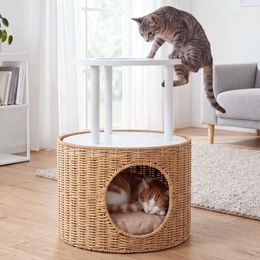 Katzenbett MCW-Q59, Katzenh&ouml;hle mit Kletterbereich Plattform Katzenkorb/-M&ouml;bel Holz MVG 50x39x39cm ~ wei&szlig;, Kissen beige
