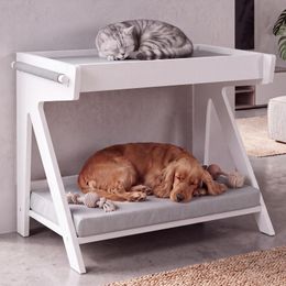 Tierbett MCW-Q63, f&uuml;r Haustiere Tierhaus Katzen-/Hundebett Haustierliege Holz MVG 80x104x60cm ~ wei&szlig;, Kissen grau