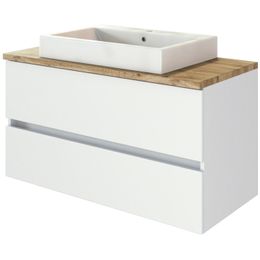 Waschtisch Welltime, B:100cm H:63cm T:48cm, wei&szlig;, Holzwerkstoff, MDF, Metall, Badezimmer, Waschtische, "Livorno", mit 2 Schubladen, Keramik